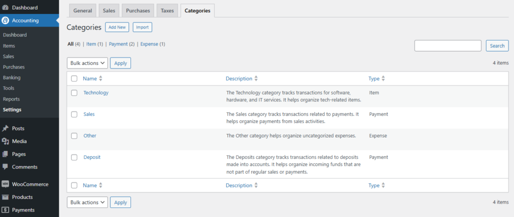 Add Categories - WP Ever Accounting