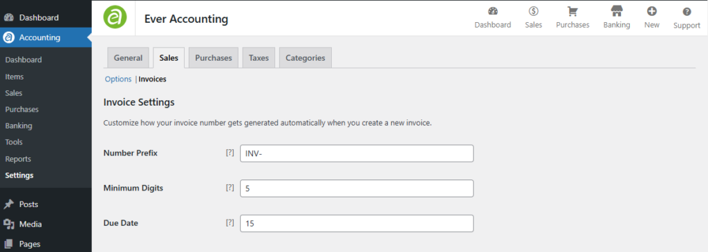 Sales Settings - WP Ever Accounting